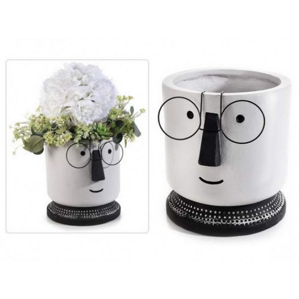 Blómapottur – andlit með gleraugu (grár/svartur) – Verslunin Hlín ehf